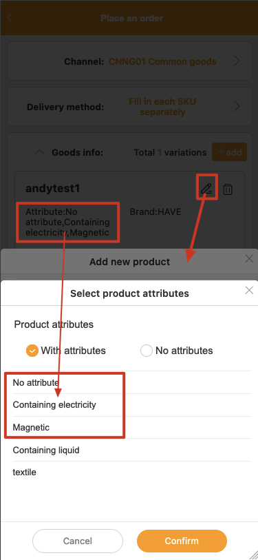 Bug 2852 【h5端下单 下单】新增商品后，在下单页面点击 编辑”，进入到编辑商品页面后，点击 商品属性”进入到属性选择页面时应勾选已